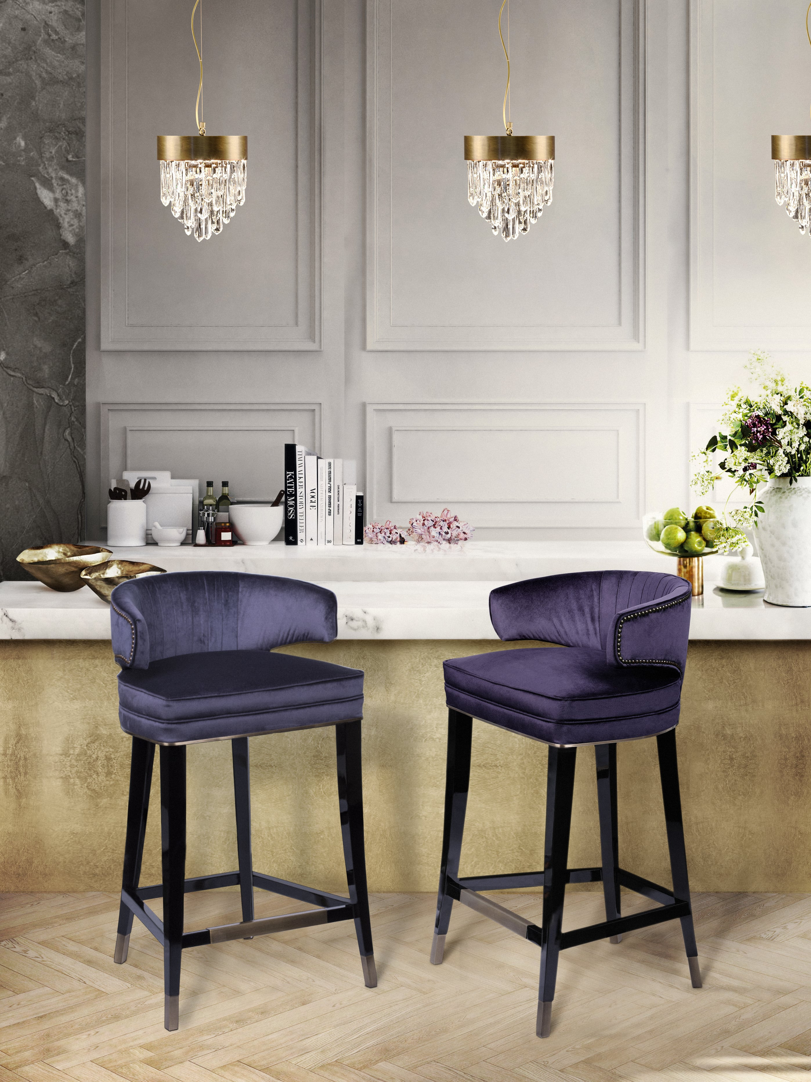 Neutral Kitchen With Bright Color Counter Stool - Home's Society